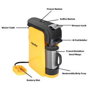 FORDWALT Coffee Maker for Dewalt 20V Max Battery (Battery Not Included), 2 in 1 Portable Single-Serve Brewer for K-Cup Pods and Ground Coffee, Coffee Brewer for Outdoor Camping, Travel, Home