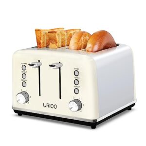 urioo toaster 4 slice retro stainless steel bread toaster with extra-wide slots, removable crumb tray, reheat, cancel, defrost function, 6 browning settings, cream