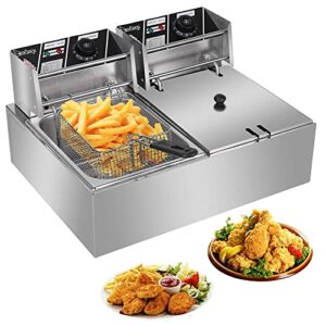 electric deep fryer 23.6l 5000w stainless steel dual large tank basket lid countertop commercial restaurant