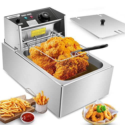 6.34Qt Deep Fryer with Basket for Restaurant or Home Use, Stainless Steel Commercial Countertop Single Tank Oil Frying Pot with Temperature Control & Timer, Perfect for Fried Chicken, Nuggets & Fries