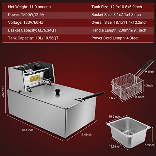 6.34Qt Deep Fryer with Basket for Restaurant or Home Use, Stainless Steel Commercial Countertop Single Tank Oil Frying Pot with Temperature Control & Timer, Perfect for Fried Chicken, Nuggets & Fries