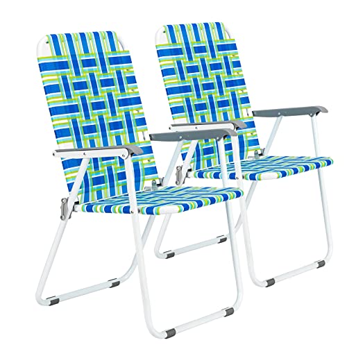 Webbed Lawn Chairs Folding Aluminum Set of 2, Patio Lawn Chairs for Adults,Outdoor Beach Chair, PP Braided Belt Steel Pipe,Portable Camping Chair for Yard, Garden, Support 265 Lbs (Blue&Yellow)