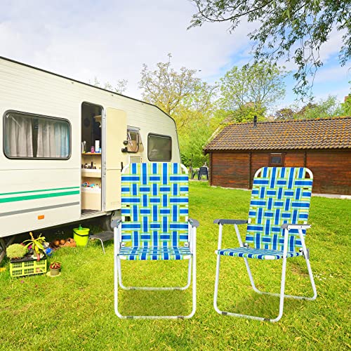 Webbed Lawn Chairs Folding Aluminum Set of 2, Patio Lawn Chairs for Adults,Outdoor Beach Chair, PP Braided Belt Steel Pipe,Portable Camping Chair for Yard, Garden, Support 265 Lbs (Blue&Yellow)