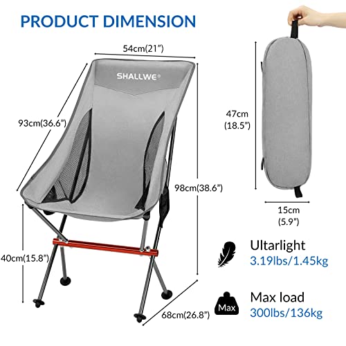 SHALLWE Ultralight High Back Folding Camping Chair, Upgraded All Aluminum Frame for Adult, Built-in Pillow, Side Pocket & Carry Bag, Compact & Heavy Duty for Outdoor Backpacking(Silver)