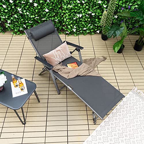 COSTWAY Patio Folding Aluminum Lounge Chair Chaise Adjustable Back Armrest Headrest