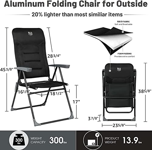 TIMBER RIDGE Foldable Lawn 7-Level Adjustable High Back for Adults Lightweight Aluminum Padded Outdoor Chair, Heavy Duty Supports 300 LBS, Black-1 Pack