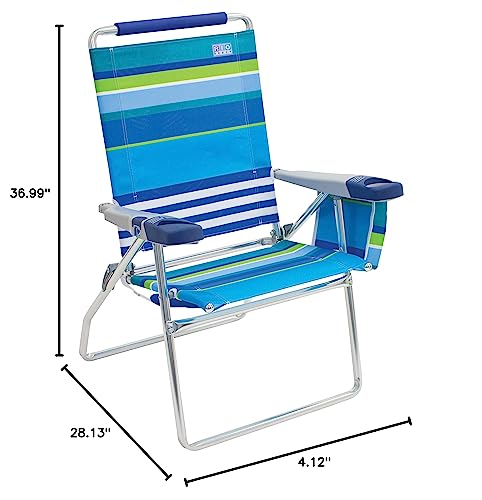 Rio Beach 17" Extended Height 4 Position Folding Beach Chair, Cup Holders|Arm Rest|Foldable, Aluminum, Blue/White/Green