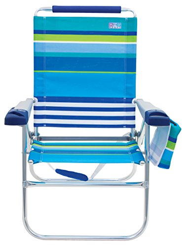 Rio Beach 17" Extended Height 4 Position Folding Beach Chair, Cup Holders|Arm Rest|Foldable, Aluminum, Blue/White/Green