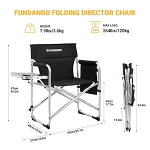 FUNDANGO Aluminum Lightweight Oversized Director Camping Chair with Side Table, Armrest, Umbrella Holder, Foldable Padded Camp Seat for Outdoor, RV, Picnic, Beach, Lawn, Heavy Duty Holds up to 300lbs