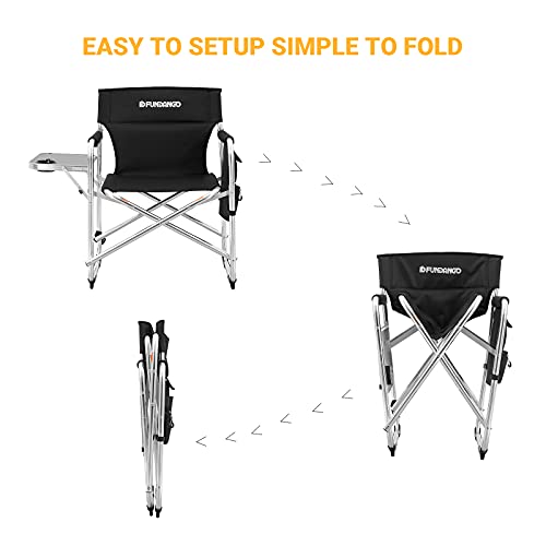 FUNDANGO Aluminum Lightweight Oversized Director Camping Chair with Side Table, Armrest, Umbrella Holder, Foldable Padded Camp Seat for Outdoor, RV, Picnic, Beach, Lawn, Heavy Duty Holds up to 300lbs