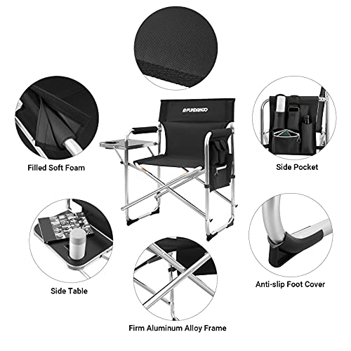 FUNDANGO Aluminum Lightweight Oversized Director Camping Chair with Side Table, Armrest, Umbrella Holder, Foldable Padded Camp Seat for Outdoor, RV, Picnic, Beach, Lawn, Heavy Duty Holds up to 300lbs