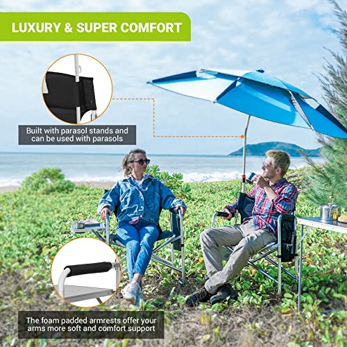 FUNDANGO Aluminum Lightweight Oversized Director Camping Chair with Side Table, Armrest, Umbrella Holder, Foldable Padded Camp Seat for Outdoor, RV, Picnic, Beach, Lawn, Heavy Duty Holds up to 300lbs