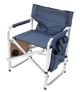 faulkner aluminum director chair with folding tray and cup holder, blue