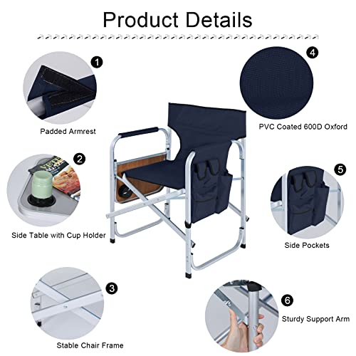 ABCCANOPY Folding Directors Chair Outdoor Camping Chair Makeup Artist Chair with Side Table & Pockets, Navy Blue