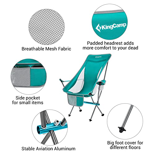 KingCamp Compact Camping Chair with Armrest Ultralight High Back Backpacking Chairs for Adults Lightweight Folding Chair Heavy Duty Support 265 Lbs Portable for Traveling, Lawn, Picnic, Festival, Cyan