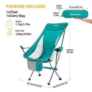 KingCamp Compact Camping Chair with Armrest Ultralight High Back Backpacking Chairs for Adults Lightweight Folding Chair Heavy Duty Support 265 Lbs Portable for Traveling, Lawn, Picnic, Festival, Cyan