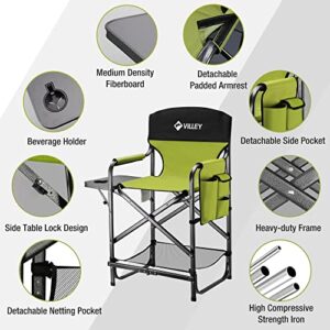 VILLEY Tall Directors Chair, Folding Camping Chairs, Makeup Artist Chair with Foot Rest, 900D Fabric for Tailgating Camp Lawn Picnic Fishing Beach, Supports 350 LBS, Green