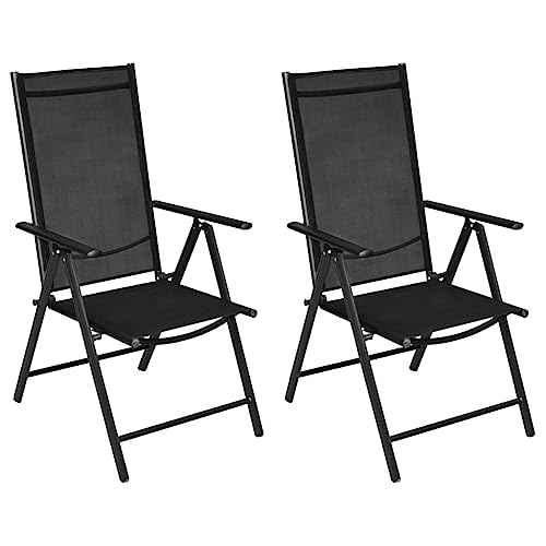 DiMorture Set of 2 Patio Folding Chairs, 7-Position Outdoor Lounge Chairs with Armrest, Portable Dining Chairs for Porch Camping Pool Beach Deck Lawn Garden, Aluminum Patio Sling Chairs, Black