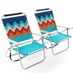 green party beach chair 2 pack aluminum lightweight folding reclining beach chair with 3 positions, cooler bag, and wooden armrest for outdoor camping lawn, support 250lbs, blue