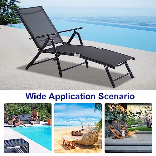 Haquatisol Outdoor Chaise Lounge Chair Set of 2，Reclining Folding Pool Patio Lounger with 8 Level Adjustable Backrest, Aluminum Portable Recliner for Lawn Garden Beach Yard, 330lbs Weight Capacity