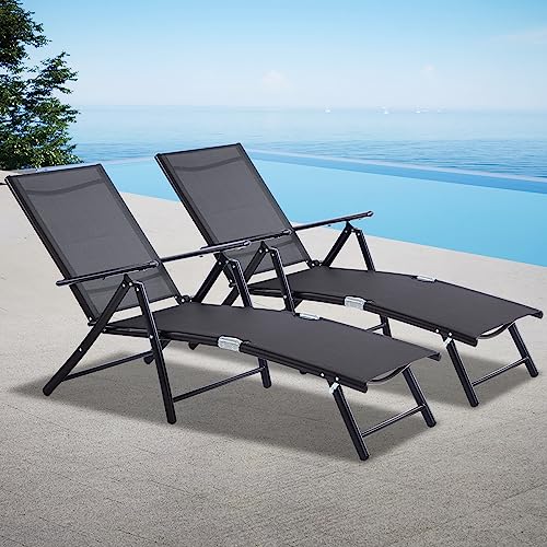 Haquatisol Outdoor Chaise Lounge Chair Set of 2，Reclining Folding Pool Patio Lounger with 8 Level Adjustable Backrest, Aluminum Portable Recliner for Lawn Garden Beach Yard, 330lbs Weight Capacity