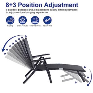 Haquatisol Outdoor Chaise Lounge Chair Set of 2，Reclining Folding Pool Patio Lounger with 8 Level Adjustable Backrest, Aluminum Portable Recliner for Lawn Garden Beach Yard, 330lbs Weight Capacity