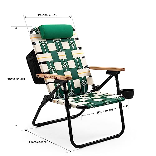 Dowinx Beach Chair with Cooler Bag, Folding Caming Chair with Backpack Straps, High Back 3 Position-Reclining Outdoor Chair Aluminum Frame, Green