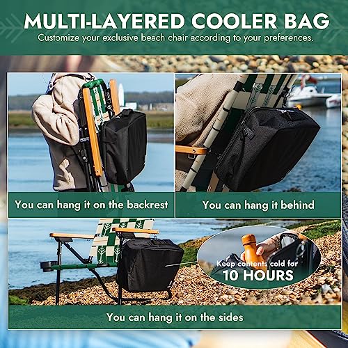 Dowinx Beach Chair with Cooler Bag, Folding Caming Chair with Backpack Straps, High Back 3 Position-Reclining Outdoor Chair Aluminum Frame, Green