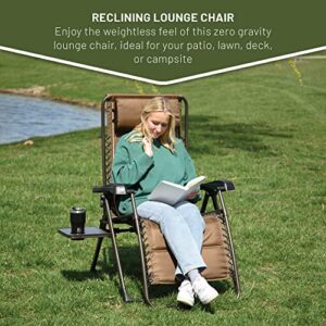 TIMBER RIDGE Zero Gravity Chairs, Folding Recliner Chair Padded with Cup Holder and Headrest, Adjustable Lounge Reclining Chair for Outdoor Camping Lawn Patio Indoor, Supports 350lbs, Brown