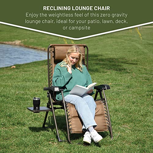 TIMBER RIDGE Zero Gravity Chairs, Folding Recliner Chair Padded with Cup Holder and Headrest, Adjustable Lounge Reclining Chair for Outdoor Camping Lawn Patio Indoor, Supports 350lbs, Brown