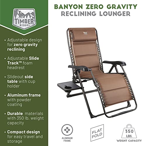 TIMBER RIDGE Zero Gravity Chairs, Folding Recliner Chair Padded with Cup Holder and Headrest, Adjustable Lounge Reclining Chair for Outdoor Camping Lawn Patio Indoor, Supports 350lbs, Brown