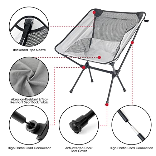 Lightweight Portable Folding Camping Chair Compact Beach Camp Chairs for Adults Foldable Backpacking Chair Outdoor Chair for Camping Hiking Lawn Picnic Outside Travel (Grey)