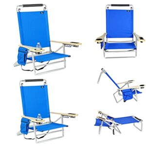 Deluxe 5 Reclining Positions Lay Flat Beach Chair for Adults with Drink Holder, Aluminum Lightweight Folding for Low Sand Chairs, 250 lb Load Capacity