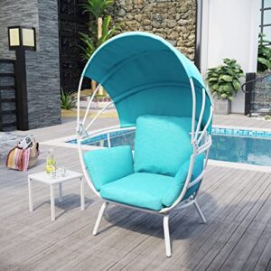 pellebant egg chair with folding canopy, aluminum lounge chair with 4 soft deep cushion, indoor outdoor lounger for patio, backyard, living room, 265lb capacity blue