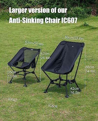 iClimb Two-Heights Light Compact Comfortable Camping Folding Beach Chair with Anti-Sinking Large Feet and Carry Bag (Black)