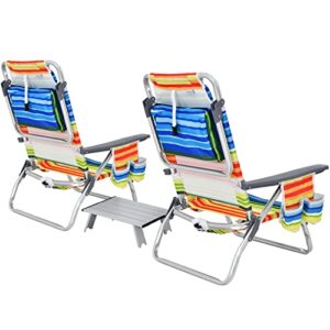 Safstar Folding Beach Chair Set, 2 Pack Folding Chair and Aluminum Small Table, 5-Position Adjustable Camping Chairs with Ice Bag, Comfort Pillow, 3 PCS Backpack Recline Beach Chairs (Color Strip)