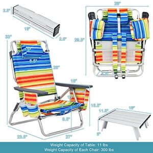 Safstar Folding Beach Chair Set, 2 Pack Folding Chair and Aluminum Small Table, 5-Position Adjustable Camping Chairs with Ice Bag, Comfort Pillow, 3 PCS Backpack Recline Beach Chairs (Color Strip)