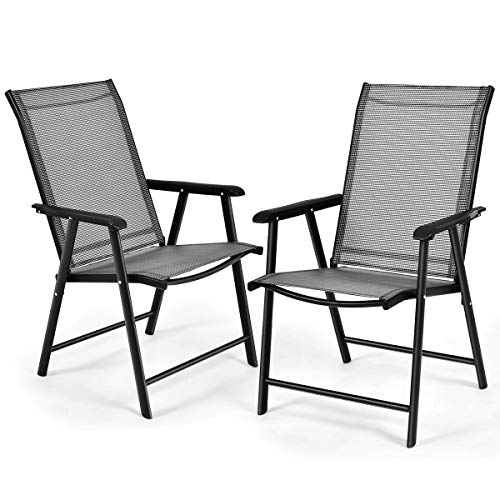 S AFSTAR Safstar Patio Chairs, Outdoor Foldable Sling Chairs with Armrests for Lawn Garden Backyard Poolside Porch, Folding Outdoor Chairs (Set of 2, Gray)