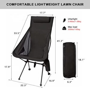 Lyweem Folding Camping Chair for Adults Lightweight Beach and Picnic Chair - Portable High-Backrest and Aircraft-Grade Aluminum with Side Pocket - Perfect for Outdoor Activities 330LBS Support, Black