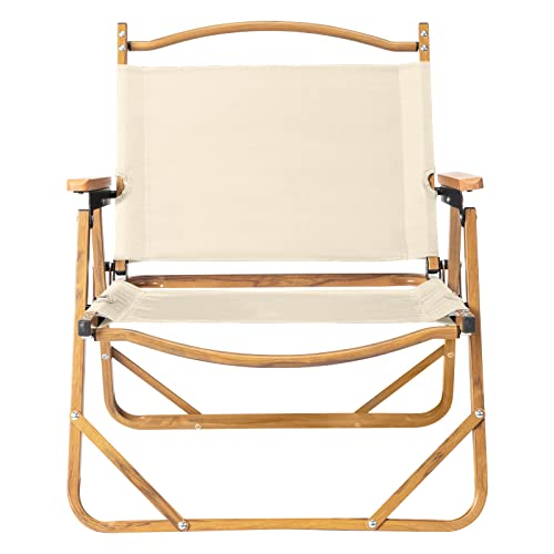 UDeuxff Beach Chair,Aluminum Frame Folding Camping Chair,Sports Chair,Portable Backpack Foldable Camping Chair with Wooden Armrests for Camping Lawn Travel Festival,Loading 100Kg (Khaki, Medium)