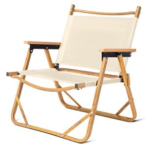 UDeuxff Beach Chair,Aluminum Frame Folding Camping Chair,Sports Chair,Portable Backpack Foldable Camping Chair with Wooden Armrests for Camping Lawn Travel Festival,Loading 100Kg (Khaki, Medium)