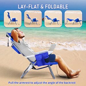 Dr.Quark Beach Chair with Backpack Straps 4-Position Classic Lay Flat Folding Backpack Heavy Duty Beach Chair for Adult with Large Cooler Pouch Towel Bar, Cup Phone Holder Support up to 350LBS