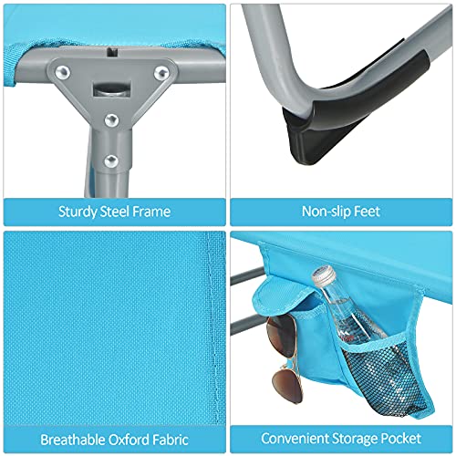 Giantex Beach Chair Chaise Lounge - Tanning Chair with Face Arm Hole, Detachable Pillow, Adjustable Backrest, Side Pocket, Carry Handle, Outdoor Folding Lounge Chair, Sunbathing Chair (1, Turquoise)