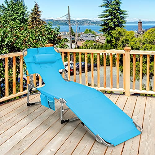 Giantex Beach Chair Chaise Lounge - Tanning Chair with Face Arm Hole, Detachable Pillow, Adjustable Backrest, Side Pocket, Carry Handle, Outdoor Folding Lounge Chair, Sunbathing Chair (1, Turquoise)