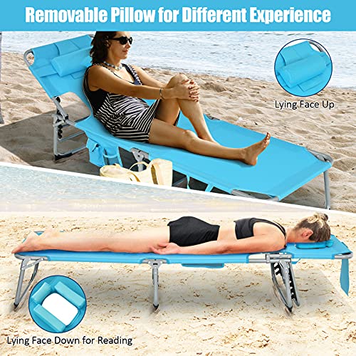 Giantex Beach Chair Chaise Lounge - Tanning Chair with Face Arm Hole, Detachable Pillow, Adjustable Backrest, Side Pocket, Carry Handle, Outdoor Folding Lounge Chair, Sunbathing Chair (1, Turquoise)