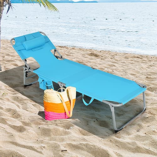 Giantex Beach Chair Chaise Lounge - Tanning Chair with Face Arm Hole, Detachable Pillow, Adjustable Backrest, Side Pocket, Carry Handle, Outdoor Folding Lounge Chair, Sunbathing Chair (1, Turquoise)