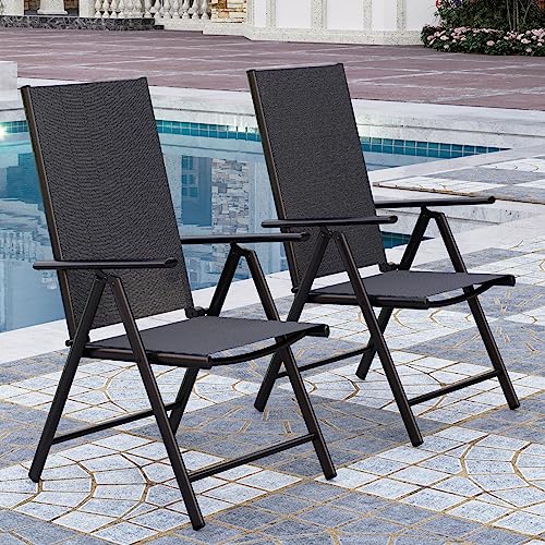 PHI VILLA Folding Patio Dining Chairs Set of 2, Adjustable Patio Sling Chairs Reclining High Back Chairs with Armrest for Outdoor Garden Lawn Pool Yard, No Assembly, Black