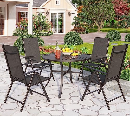 PHI VILLA Folding Patio Dining Chairs Set of 2, Adjustable Patio Sling Chairs Reclining High Back Chairs with Armrest for Outdoor Garden Lawn Pool Yard, No Assembly, Black