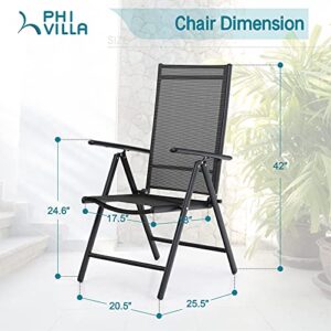 PHI VILLA Folding Patio Dining Chairs Set of 2, Adjustable Patio Sling Chairs Reclining High Back Chairs with Armrest for Outdoor Garden Lawn Pool Yard, No Assembly, Black