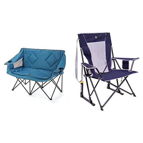 ARROWHEAD OUTDOOR Portable Folding Double Duo Camping Chair Loveseat w/ 2 Cup & Wine Glass Holder & GCI Outdoor Comfort Pro Rocker Collapsible Rocking Chair & Outdoor Camping Chair, Indigo